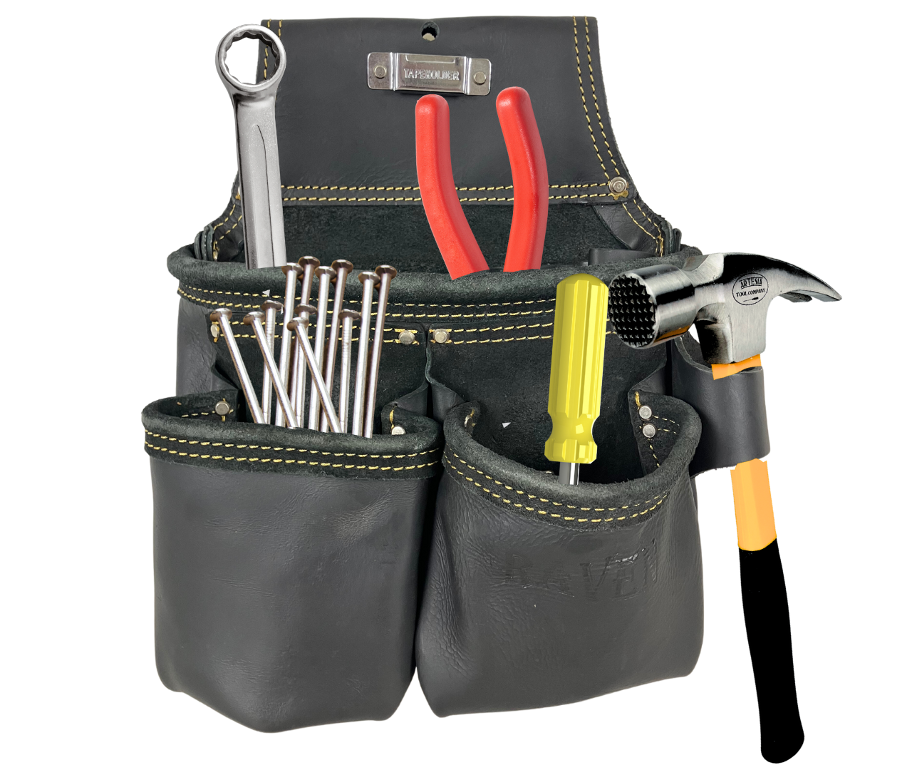 3 Pouch Framer's Professional Tool Bag, Top Grain Black Oil Tanned Lea ...