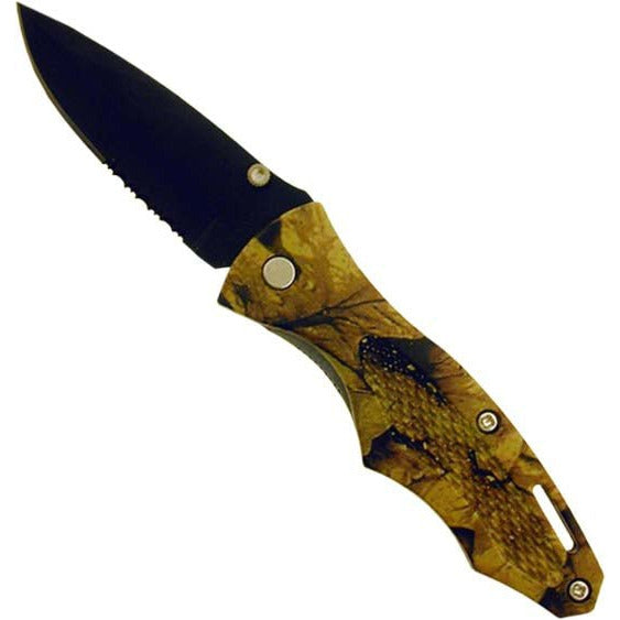 3 Inch Blade Knife With Black 1/2 Serrated Blade- With Woodland Camouf ...