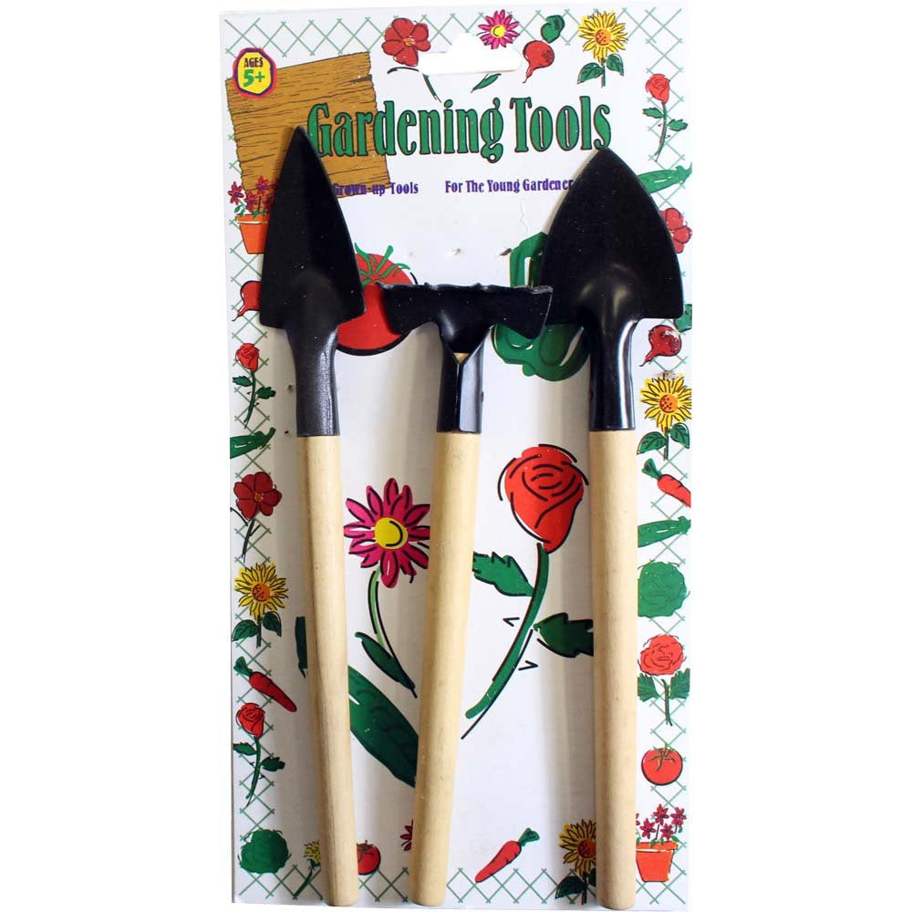 Set Of 3 Piece Mini Garden Spades And Raking Tool With Wooden Handles ...